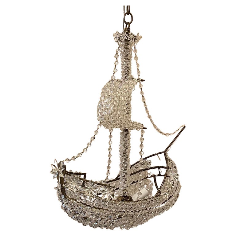 Beautiful Petite Italian Crystal Beaded Gilt Boat Chandelier Ship Light ...