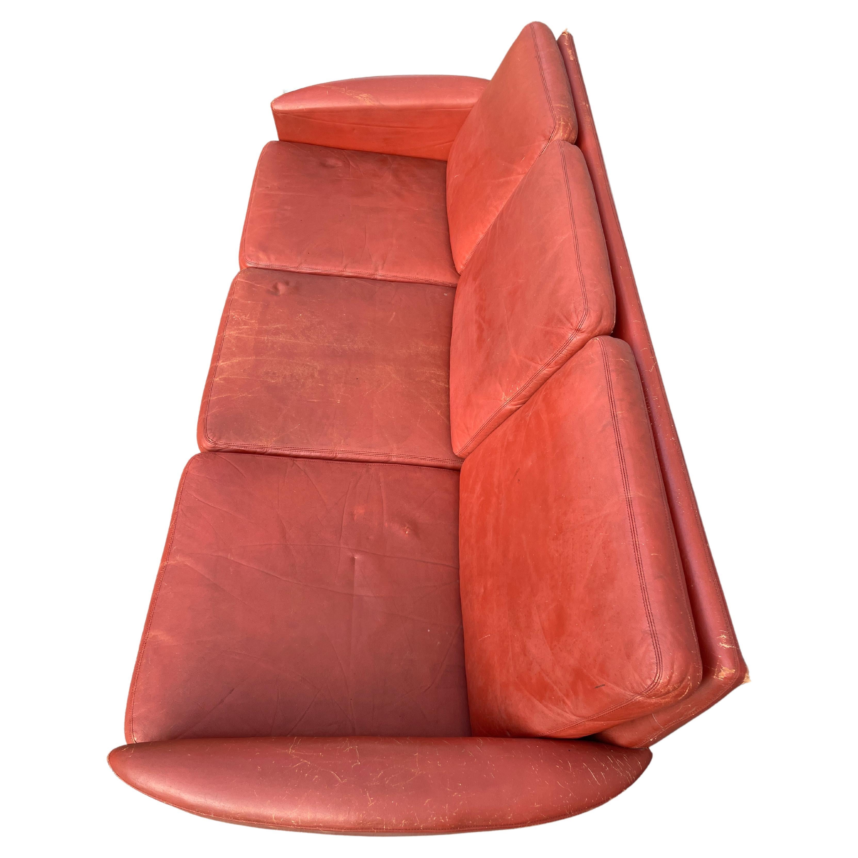 Red Leather Low Danish Modern 6 Foot Couch Sofa Rosewood Legs at 1stDibs