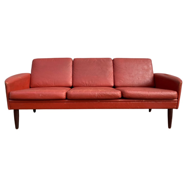 Beautiful Red Leather Low Danish Modern 6 Foot Couch Sofa Rosewood Legs ...