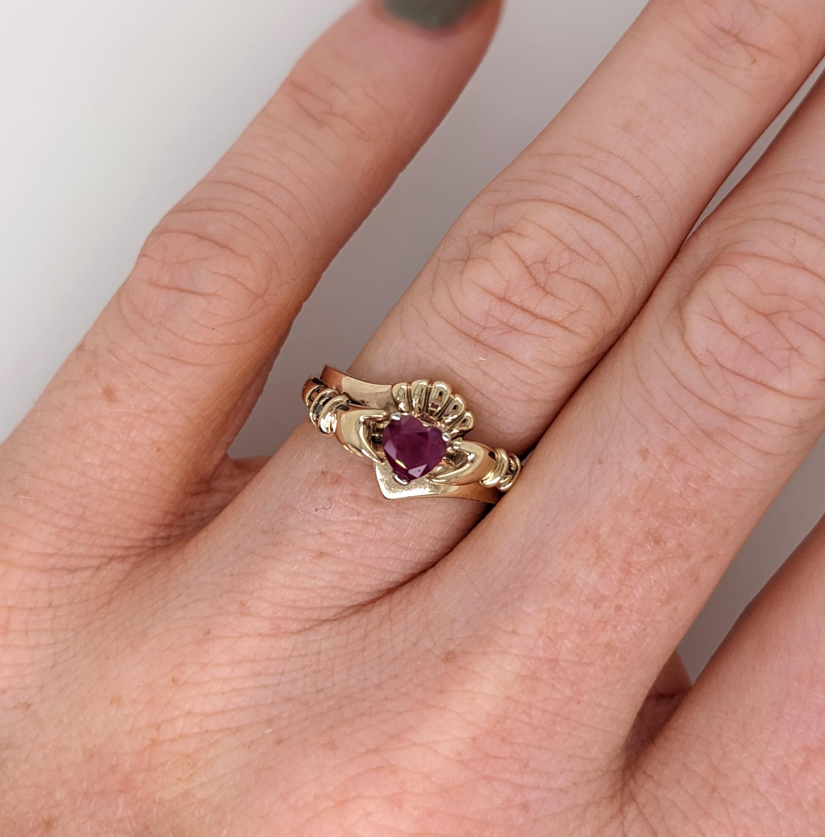 Beautiful Ruby Claddagh Ring in Solid 10K Yellow Gold Traditional Irish ...