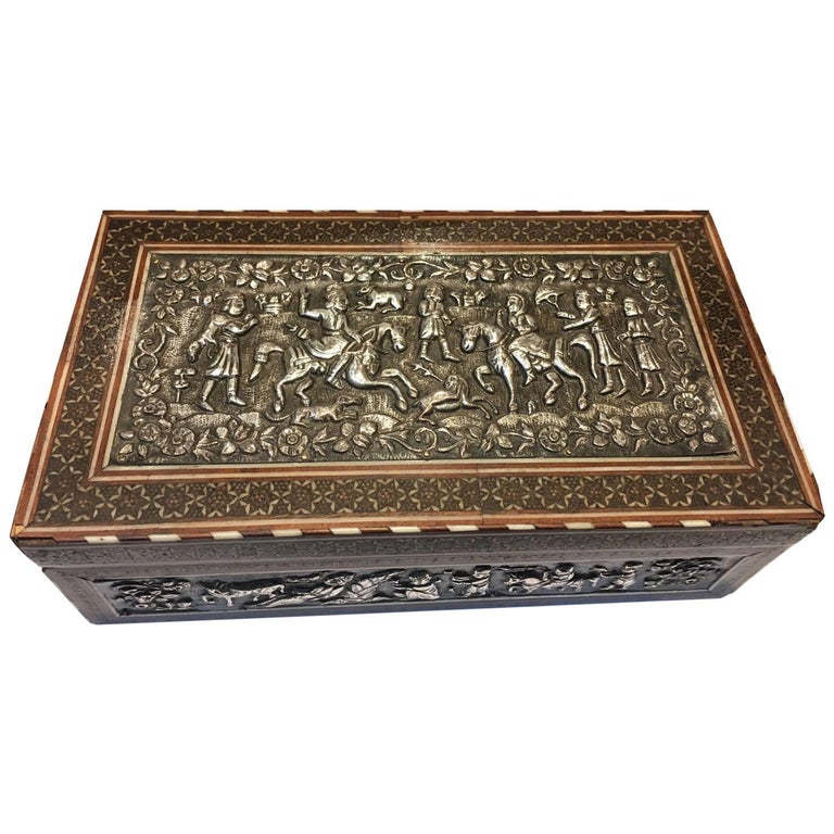 Beautiful Shiraz, Qajar Khatem Kari Silver on Wood Box For Sale at 1stDibs