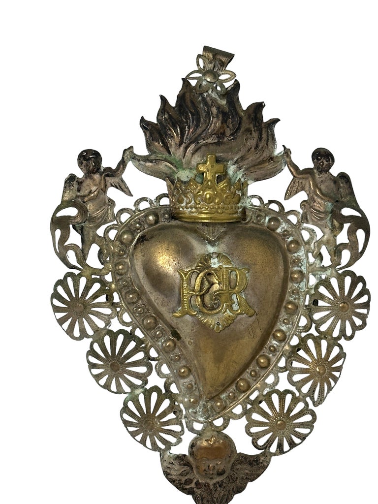 Beautiful Silver Sacred Heart Ex Voto Monogramed, Antique European ...