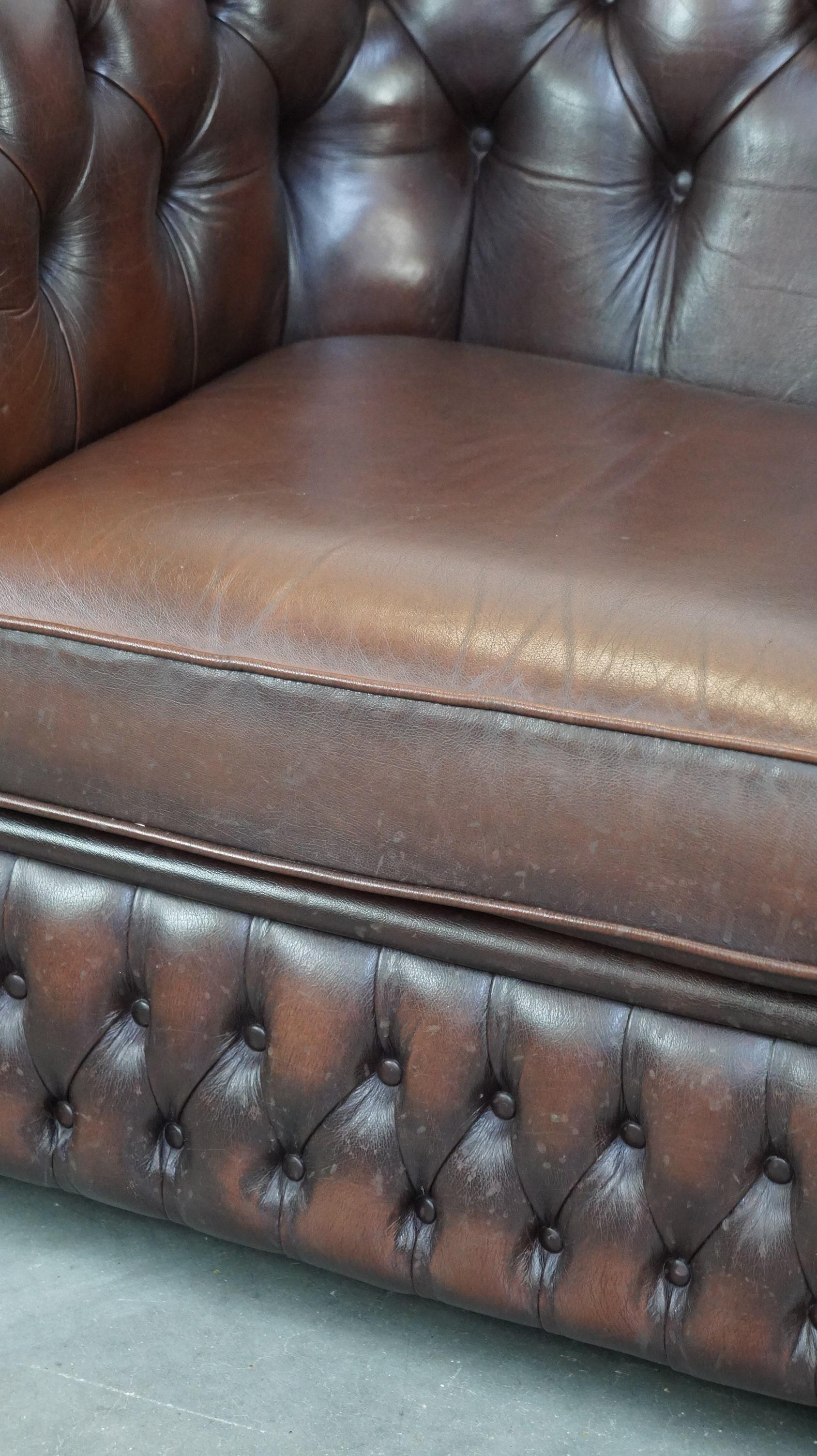 Beautiful, spacious dark brown mottled English cow leather Chesterfield ...