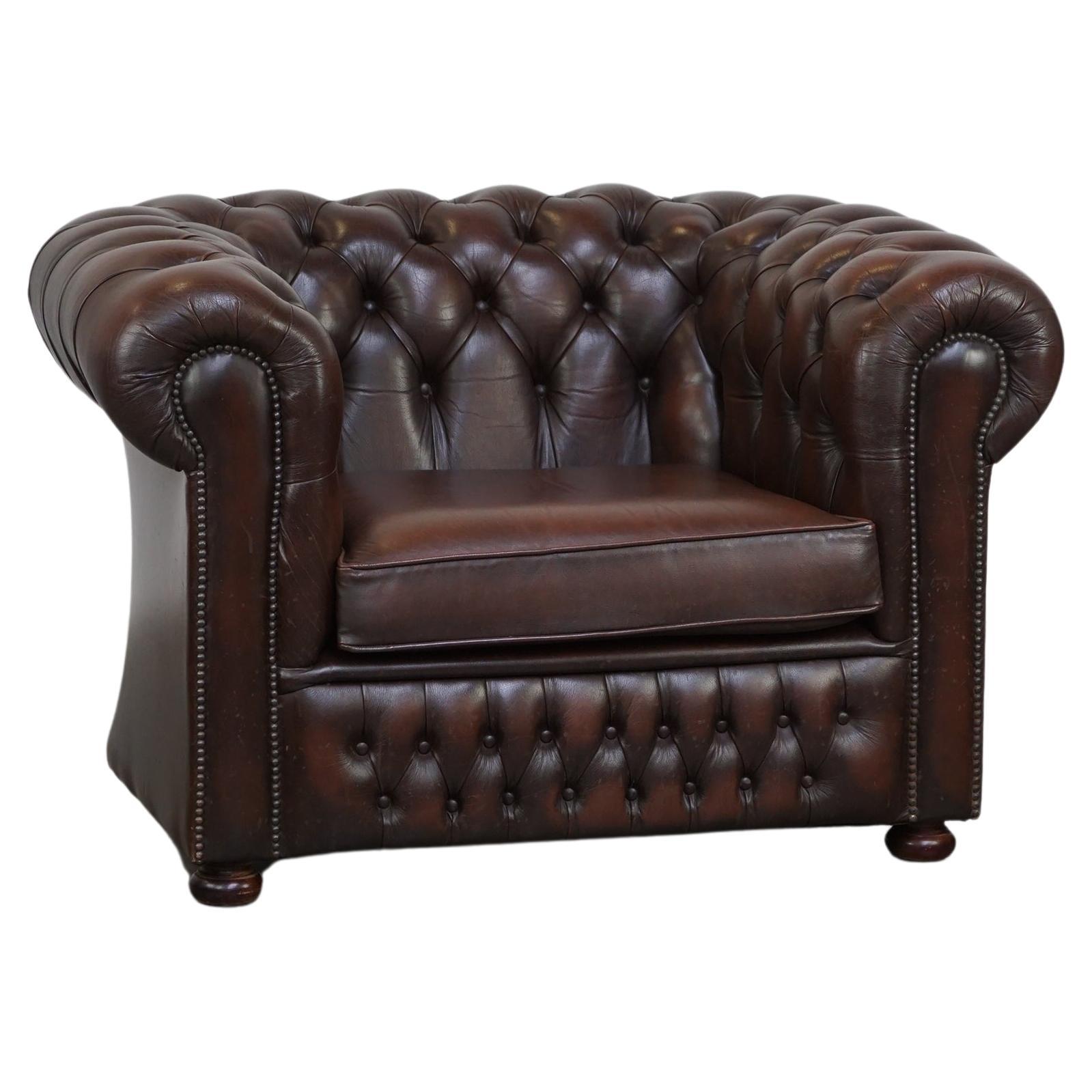 Beautiful, spacious dark brown mottled English cow leather Chesterfield ...