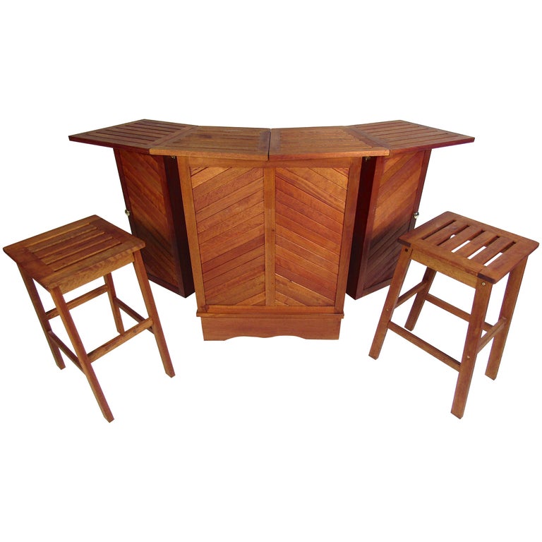 Beautiful Teak Expanding Bar with Two Bar Stools at 1stDibs