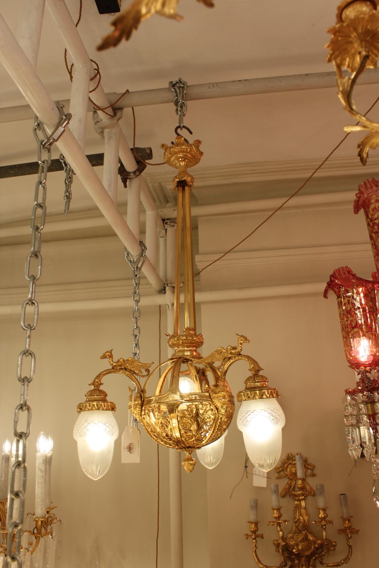 Beautiful Three Arm Pendant Chandelier with Bulb Covers For Sale at 1stDibs