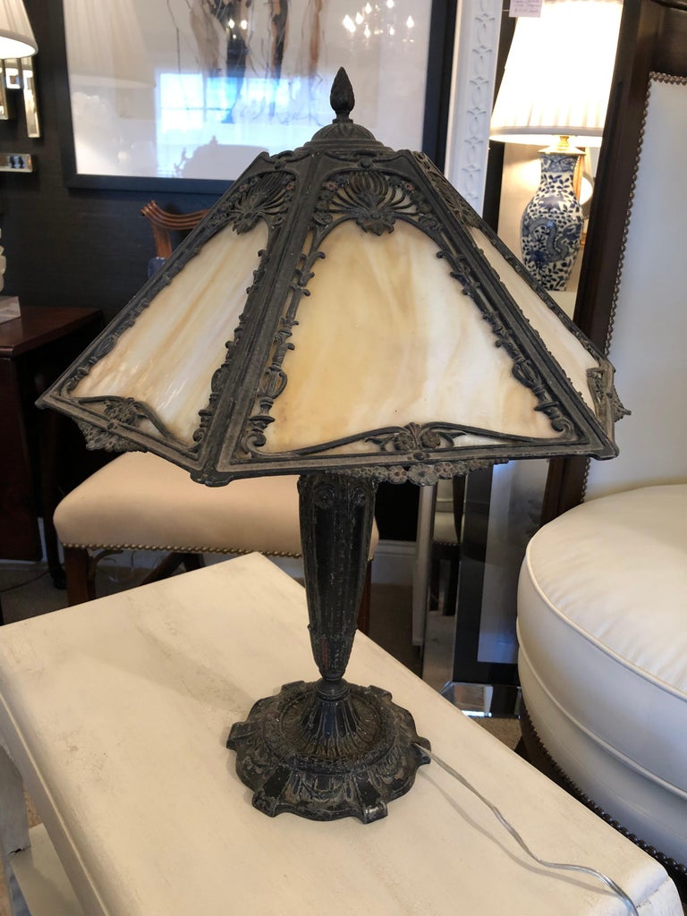Beautiful Tiffany Style Cast Iron and Art Glass Table Lamp at 1stDibs