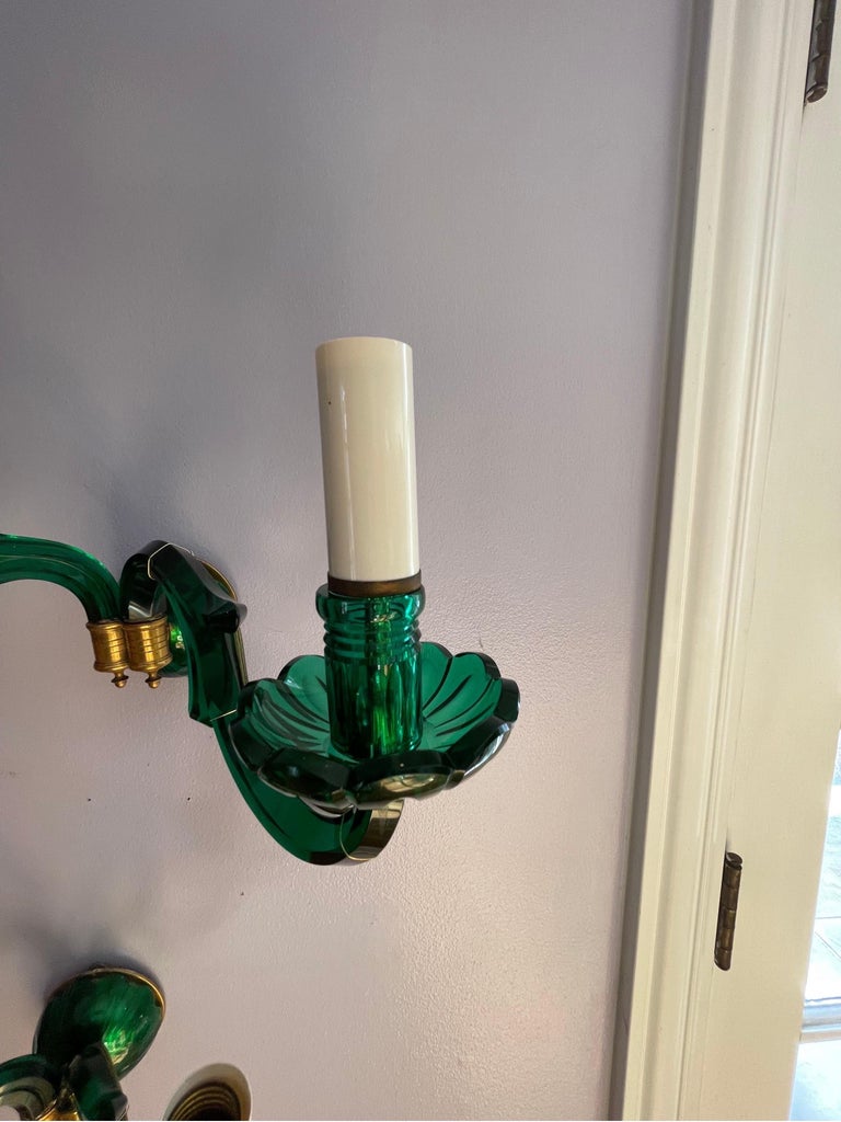Beautiful vintage emerald green art glass French wired sconces For Sale ...