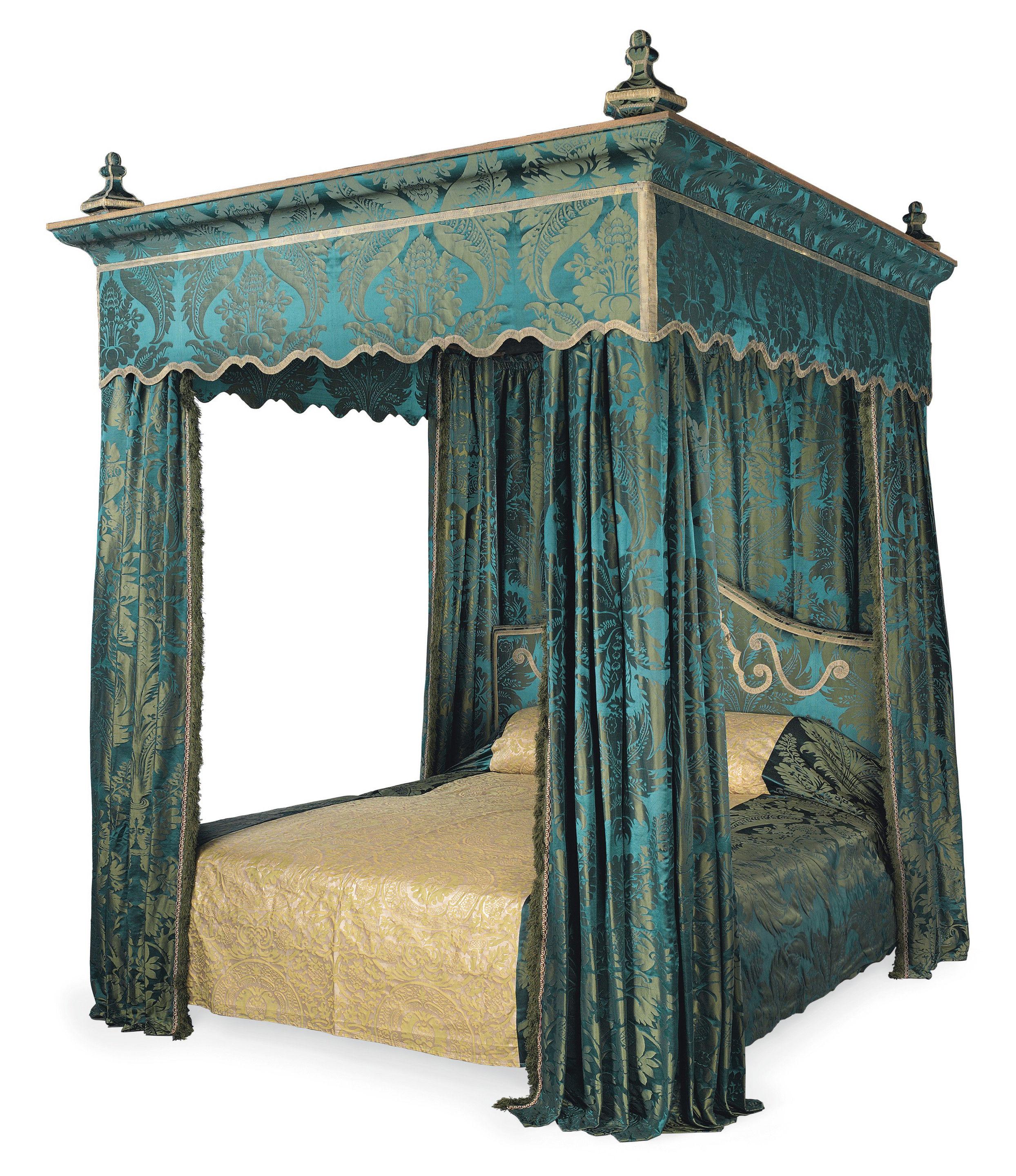 Bed State, 19th Century, English Charles II-Style, Upholstered in Blue ...