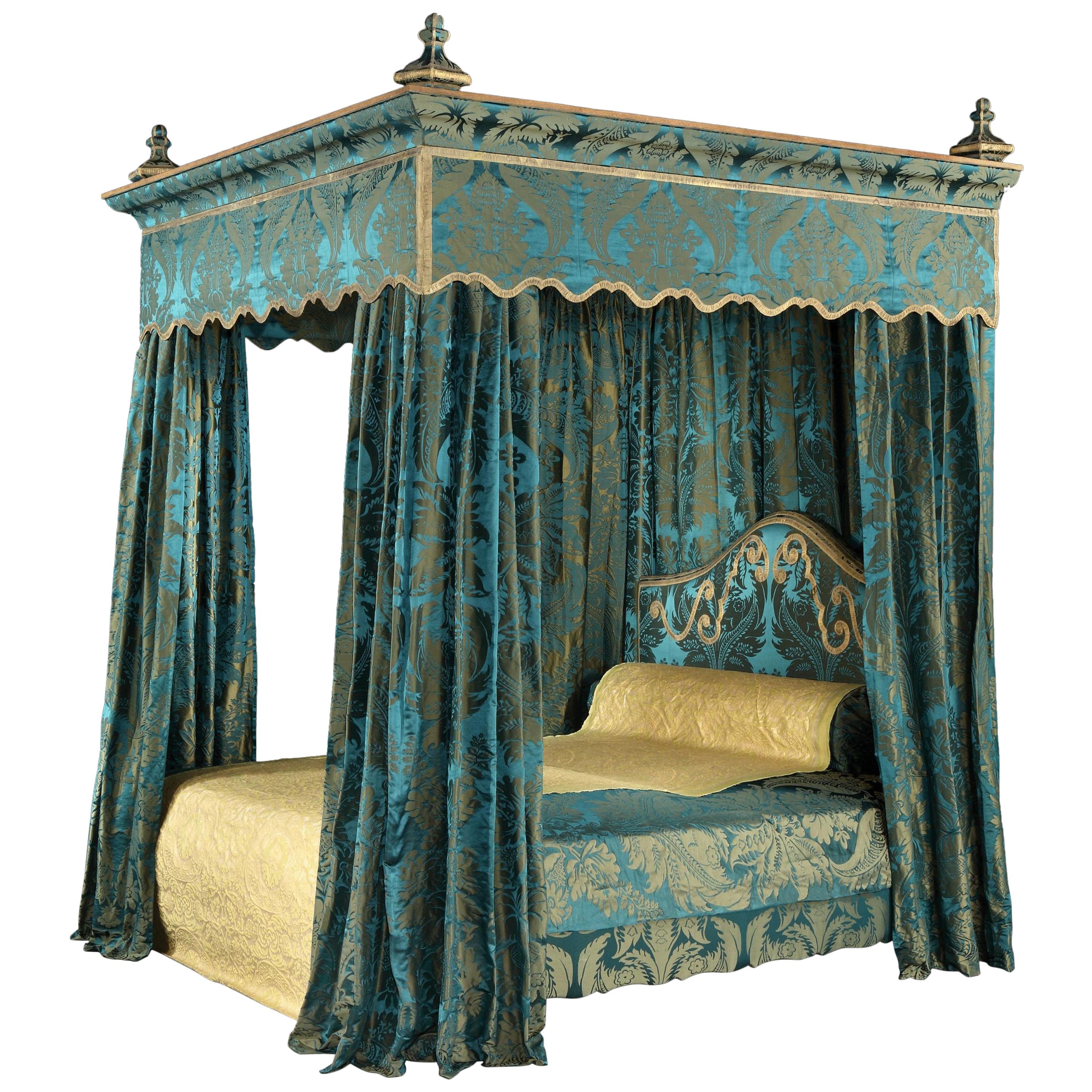 Bed State, 19th Century, English Charles II-Style, Upholstered in Blue ...