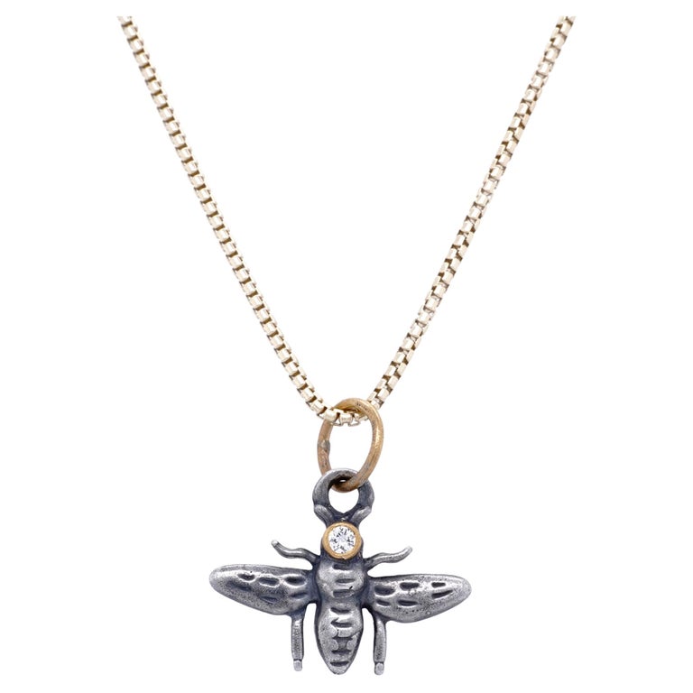 Bee Charm Pendant Necklace with Diamond, 24kt Gold and Silver For Sale ...