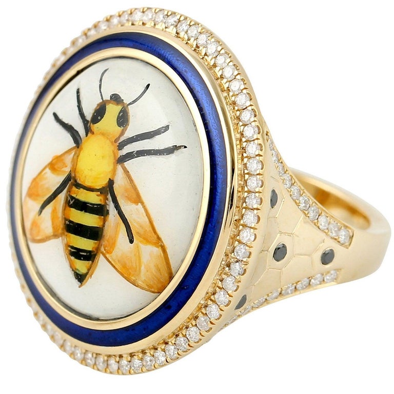Customizable Bee Diamond Enamel Hand Painted 18 Karat Gold Ring For ...