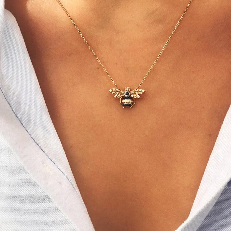 Bee Goddess Rose Gold White Diamond and Sapphire Bee Necklace For Sale ...