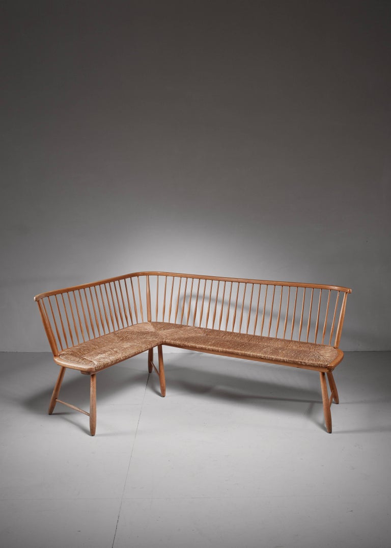 Beech and Cane Corner Bench by German Architect Arno Lambrecht, 1950s ...