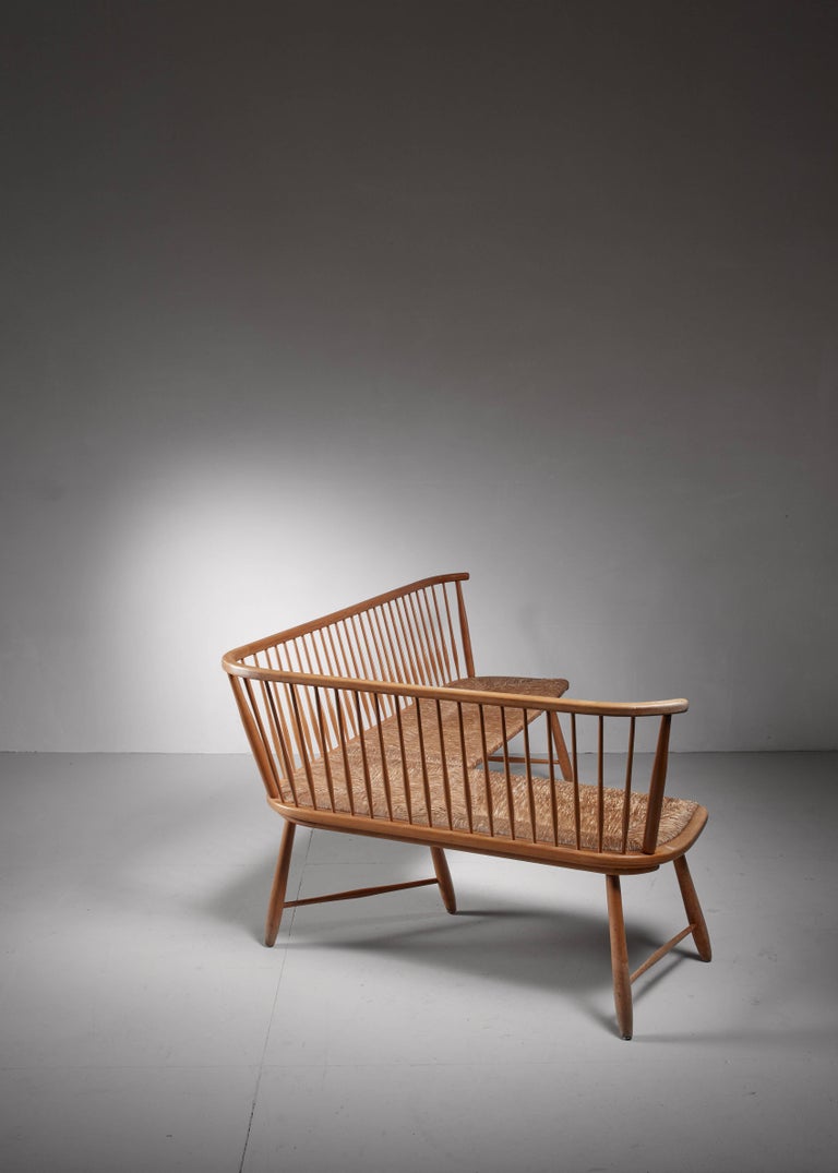 Beech and Cane Corner Bench by German Architect Arno Lambrecht, 1950s ...