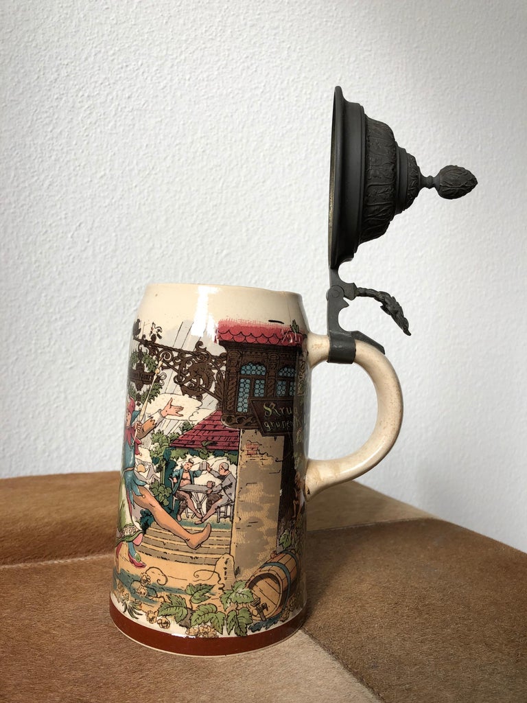 Beer Stein Stoneware 1/2 Liter Mug Original Pewter Hinge Dancing ...