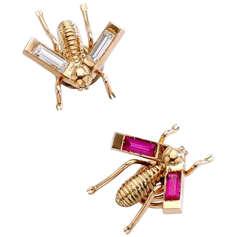 Bees Diamond and Red Stone Gold Pins For Sale (Free Shipping) at 1stDibs