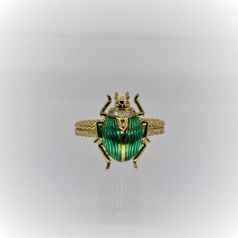 Beetle Ring in Green Enameling 18Kt Gold Granulated and Diamond ...