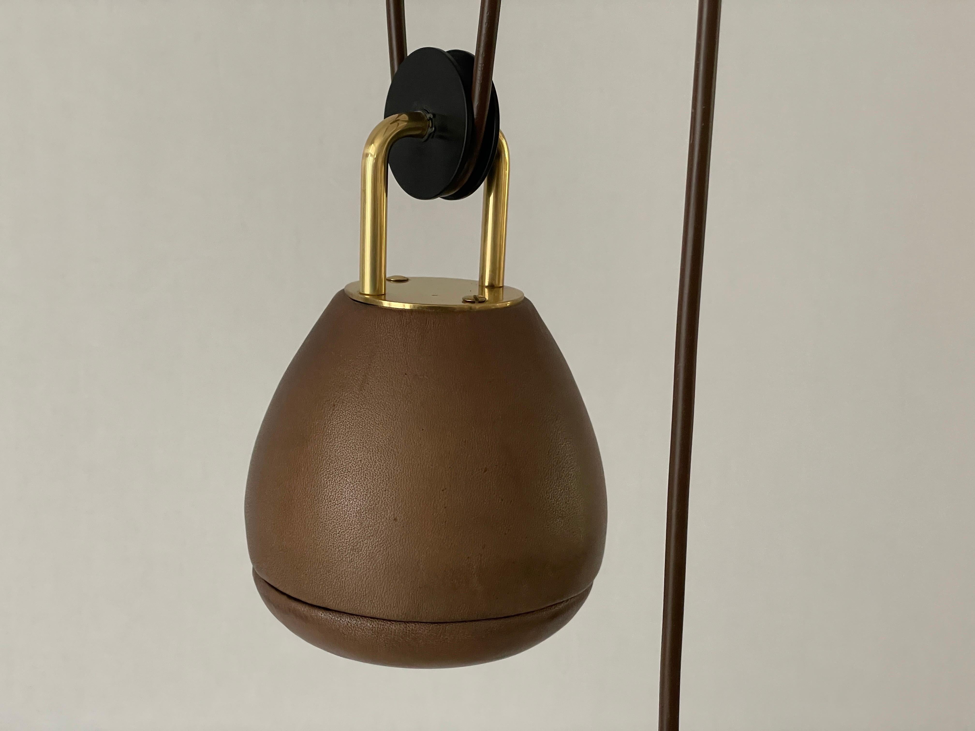 Beige and Brown Leather Adjustable Counterweight Pendant Lamp, 1960s ...