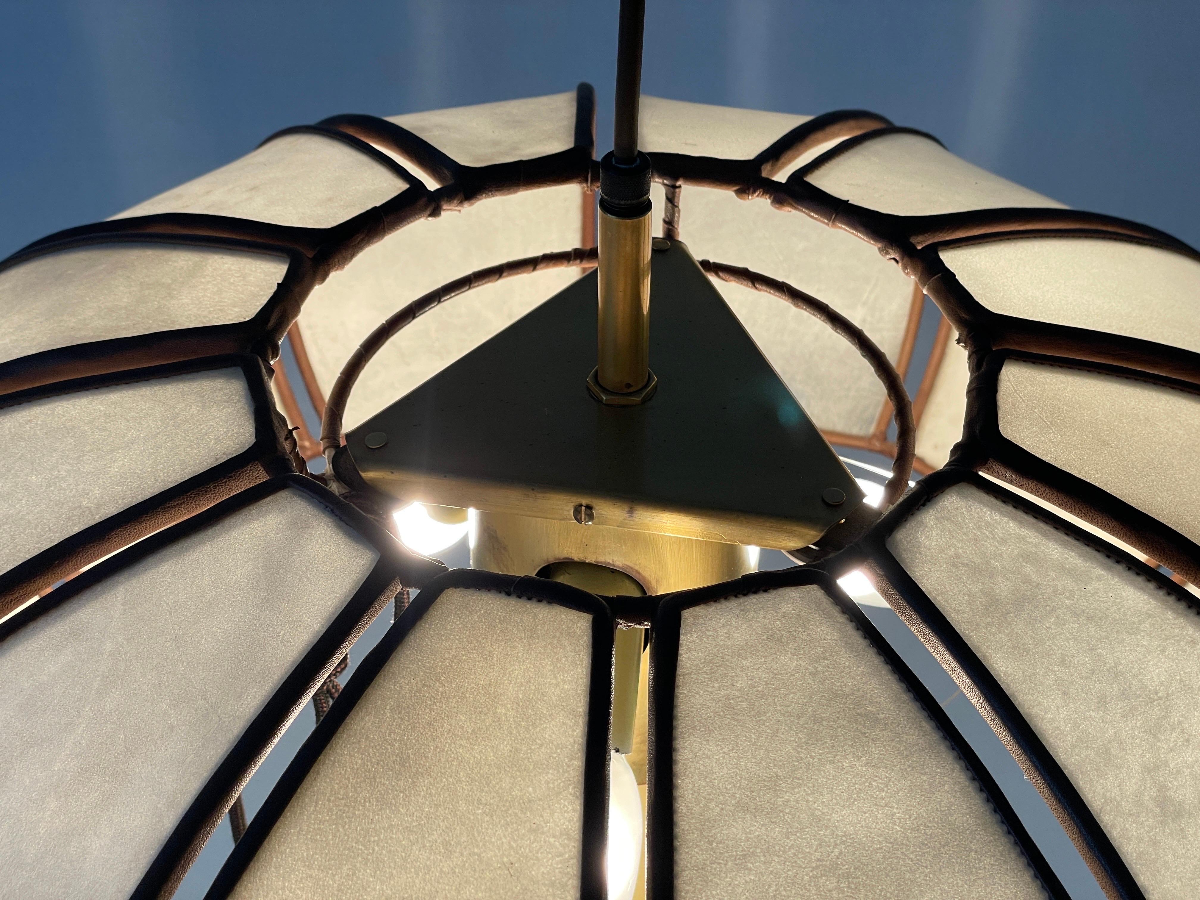 Beige and Brown Leather Adjustable Counterweight Pendant Lamp, 1960s ...