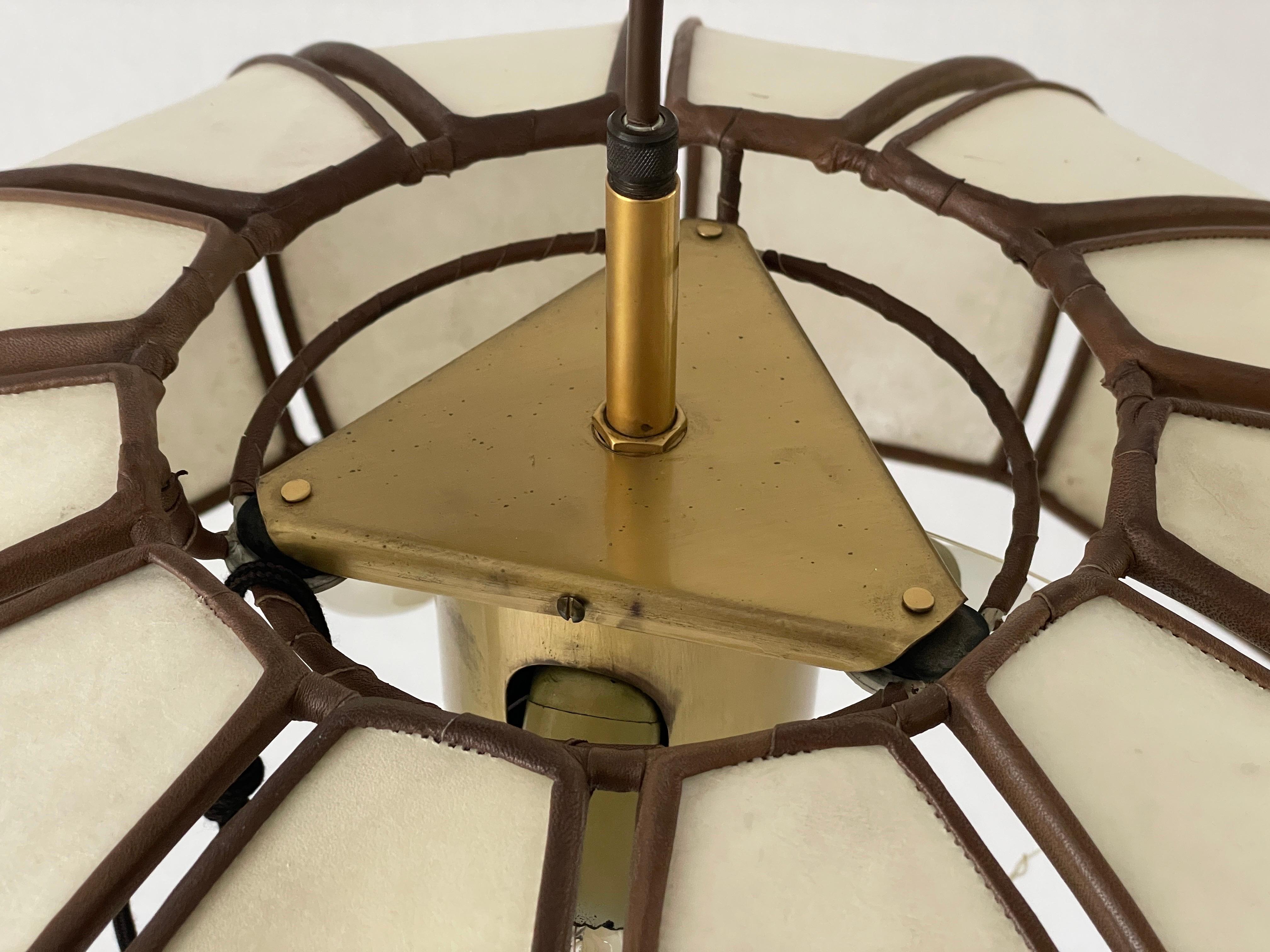 Beige and Brown Leather Adjustable Counterweight Pendant Lamp, 1960s ...