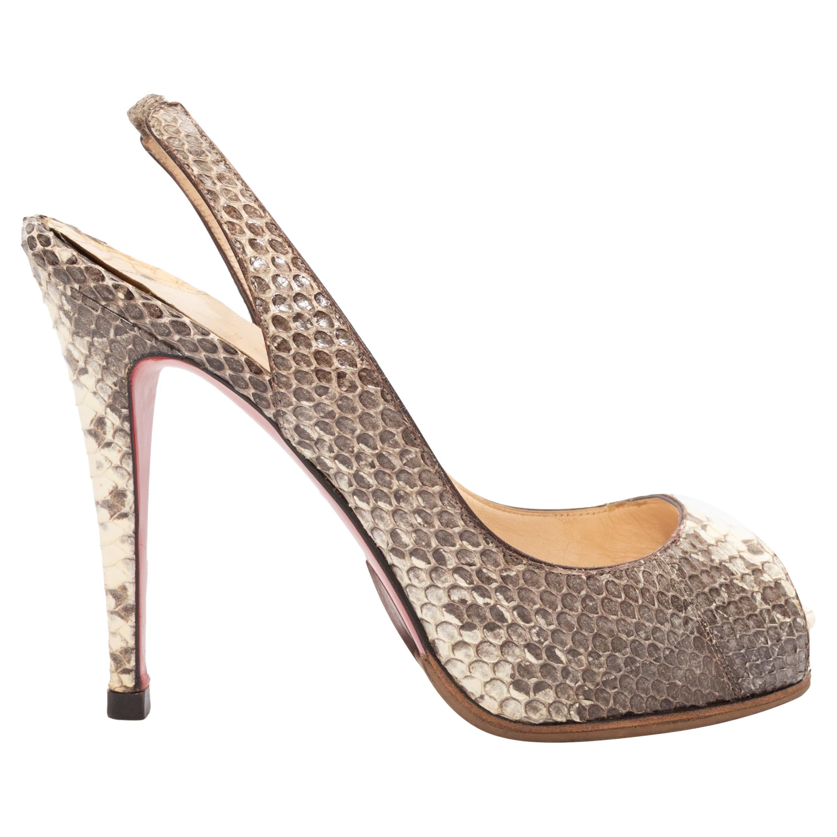 Christian Louboutin Beige and Grey Snakeskin Peep-Toe Slingbacks For ...