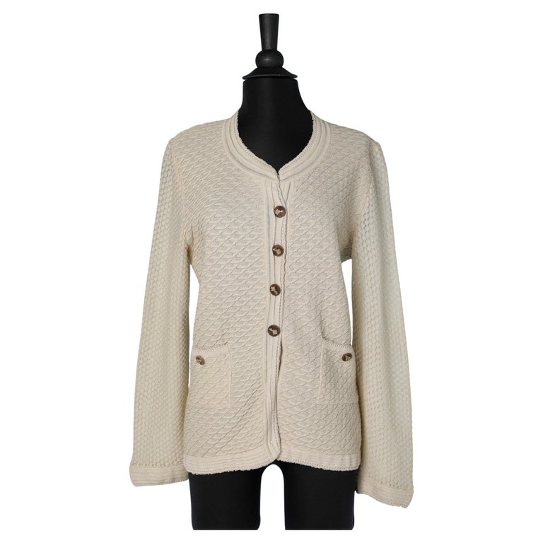 Beige knit cardigan with pockets and wood branded buttons Chanel at 1stDibs