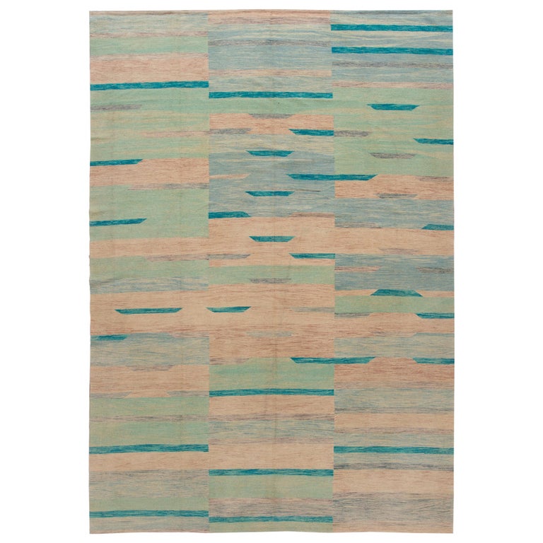 Beige Modern Flat-Weave Kilim Handmade Wool Rug For Sale at 1stDibs