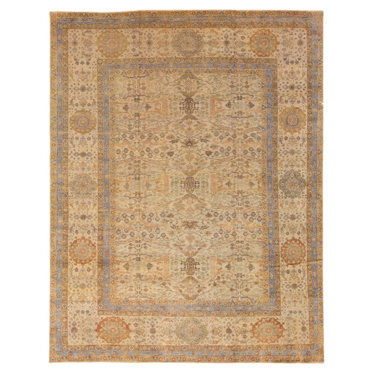 Beige Modern Indian Handmade Floral Designed Wool Rug For Sale at 1stDibs
