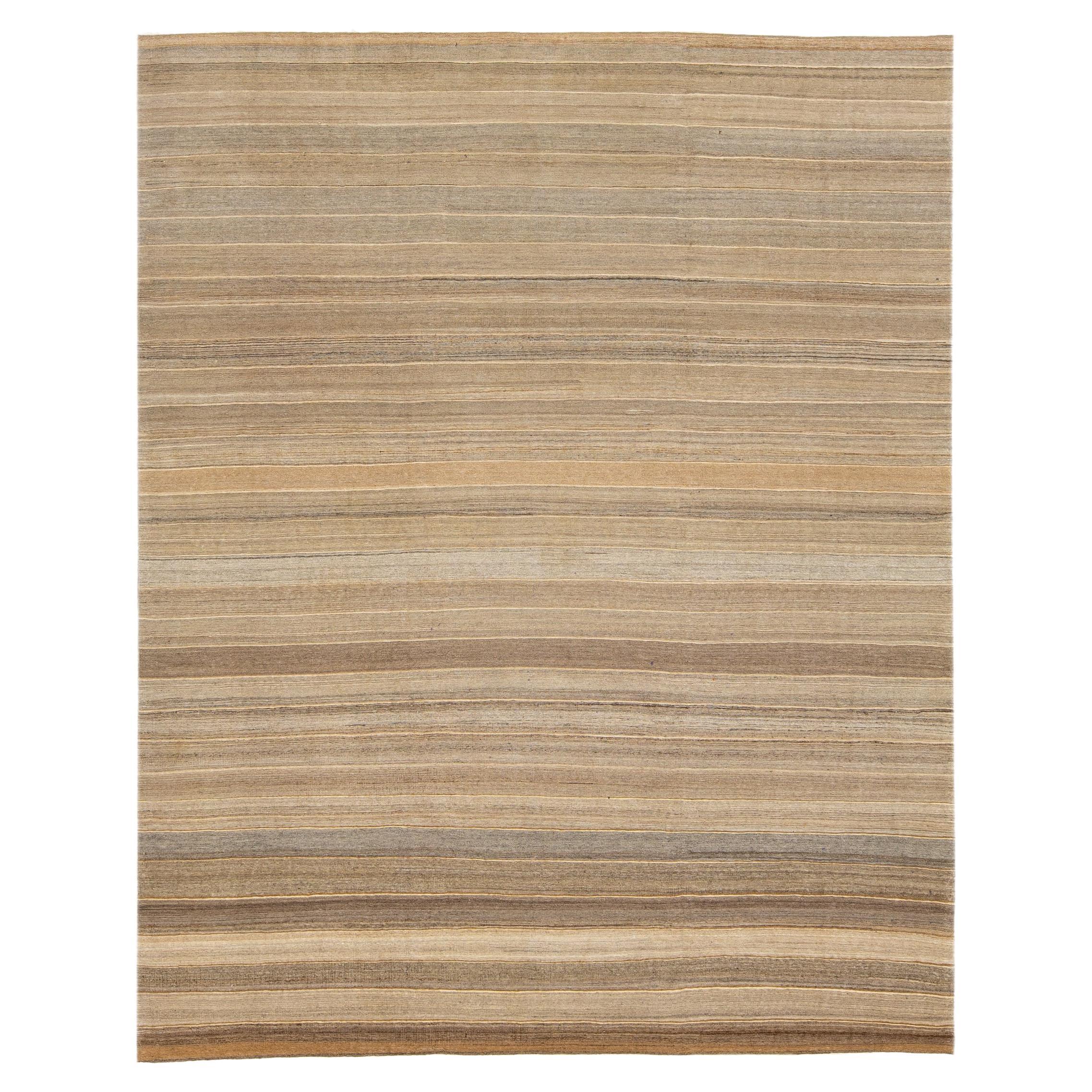 Contemporary Brown and White Striped Kilim Flatweave Wool Rug at 1stDibs