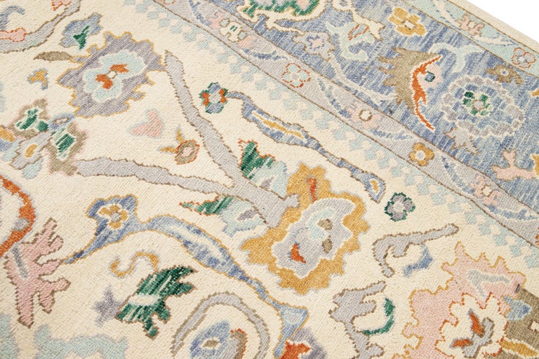 Beige Modern Oushak Handmade Floral Pattern Wool Rug For Sale at 1stDibs