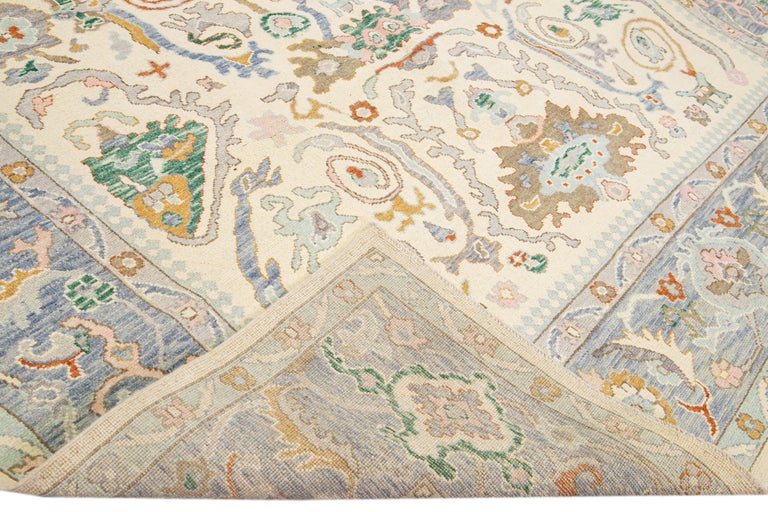 Beige Modern Oushak Handmade Floral Pattern Wool Rug For Sale at 1stDibs