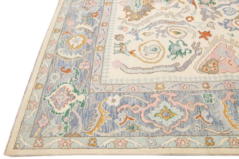 Beige Modern Oushak Handmade Floral Pattern Wool Rug For Sale at 1stDibs