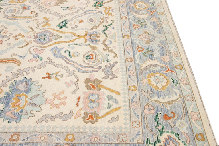 Beige Modern Oushak Handmade Floral Pattern Wool Rug For Sale at 1stDibs