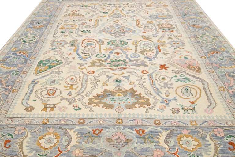Beige Modern Oushak Handmade Floral Pattern Wool Rug For Sale at 1stDibs