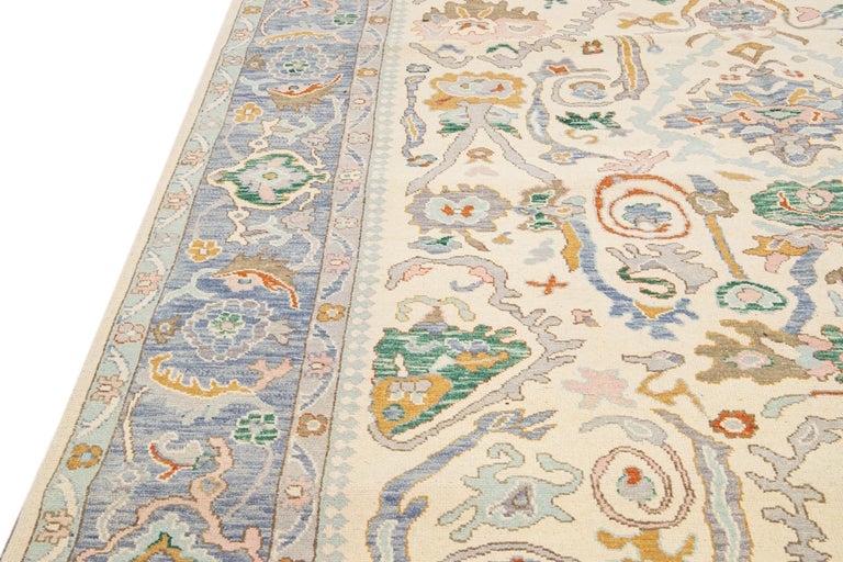 Beige Modern Oushak Handmade Floral Pattern Wool Rug For Sale at 1stDibs