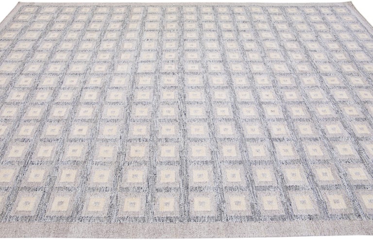 Beige Modern Scandinavian Handmade Wool Rug with Allover Geometric ...