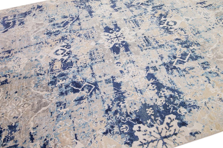 Beige Modern Wool and Silk Rug Handmade with Abstract Pattern For Sale ...