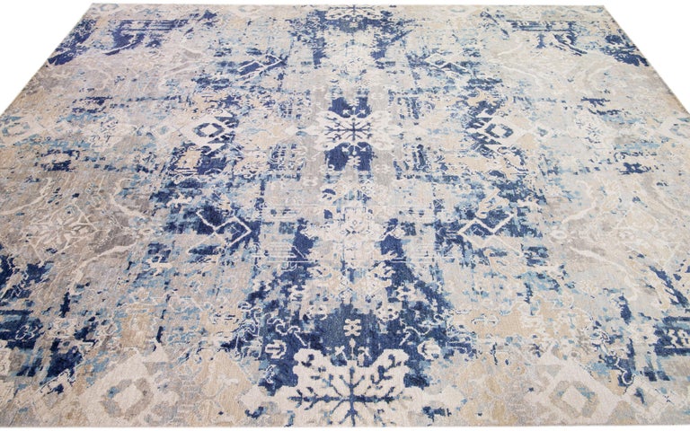 Beige Modern Wool and Silk Rug Handmade with Abstract Pattern For Sale ...