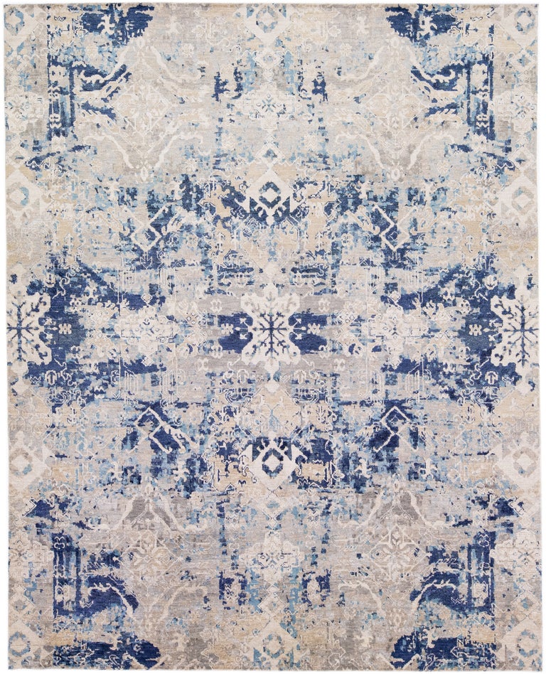 Beige Modern Wool and Silk Rug Handmade with Abstract Pattern For Sale ...