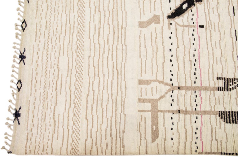 Beige Moroccan Berber Style Handmade Abstract Wool Rug For Sale at 1stDibs