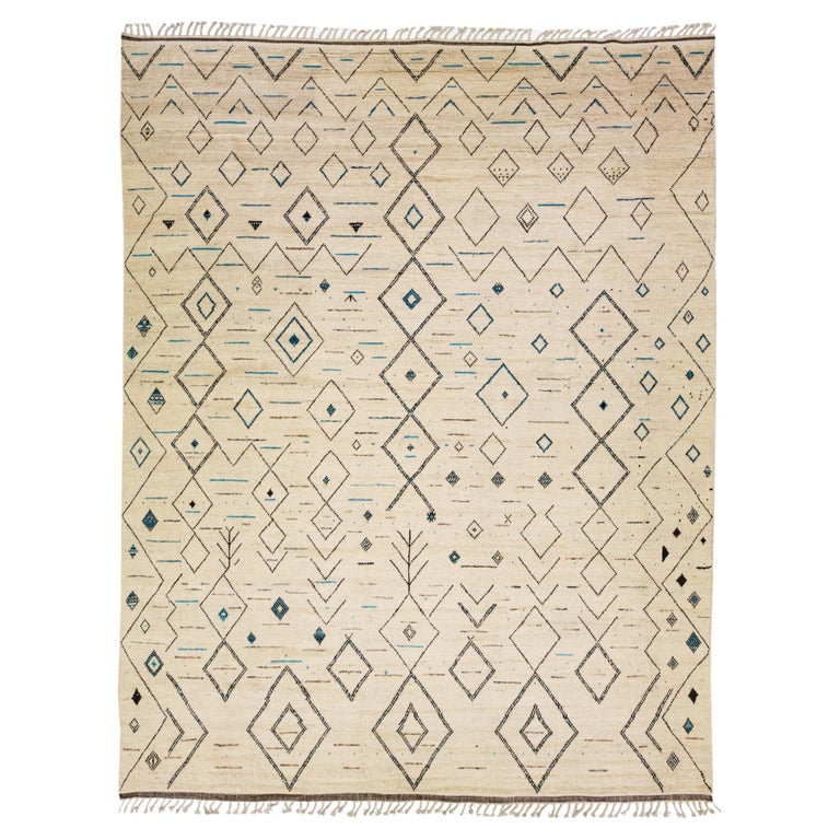 Beige Moroccan Berber Style Handmade Geometric Wool Rug For Sale at 1stDibs