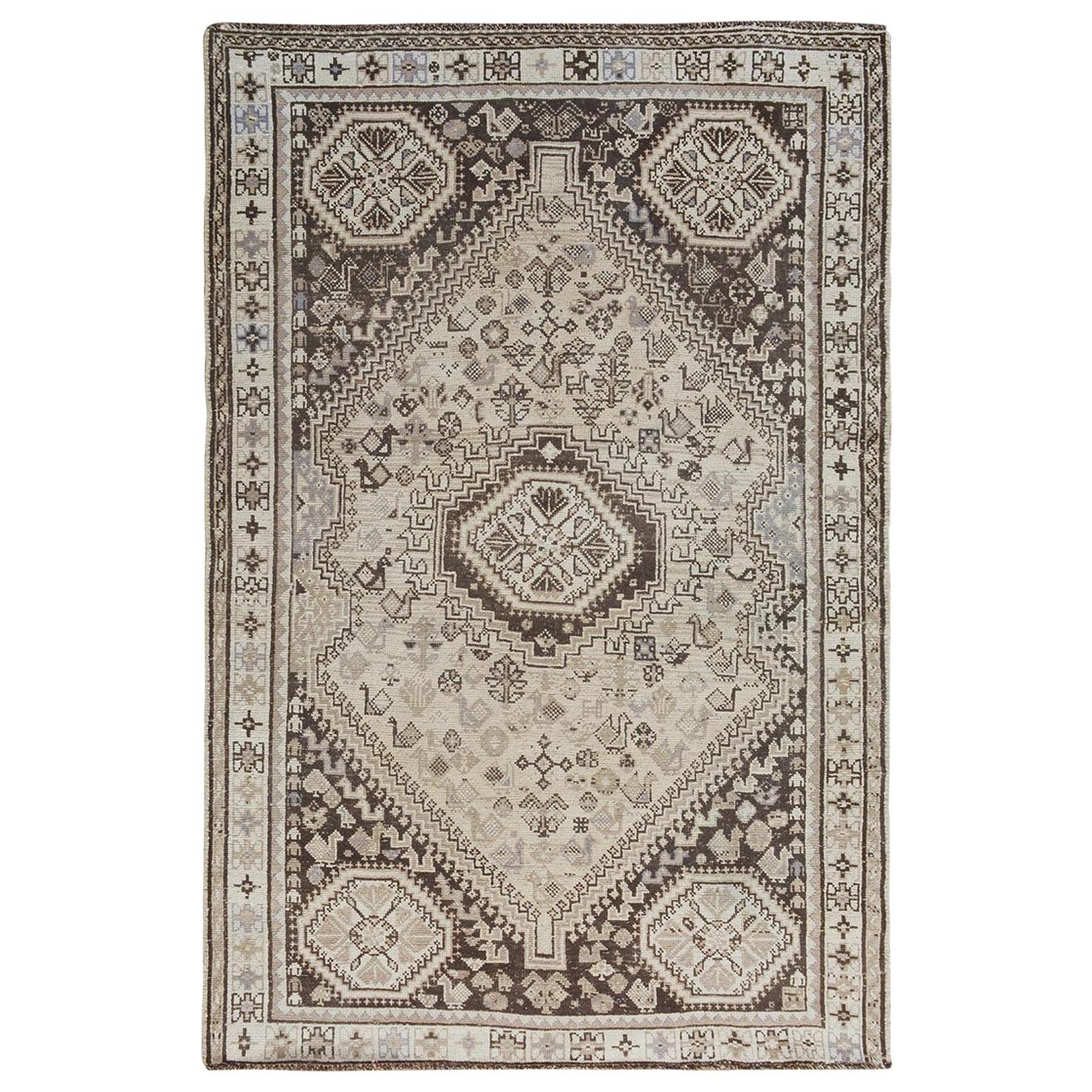 Beige Hand Knotted Vintage Persian Hamadan Clean Worn Down Pure Wool ...