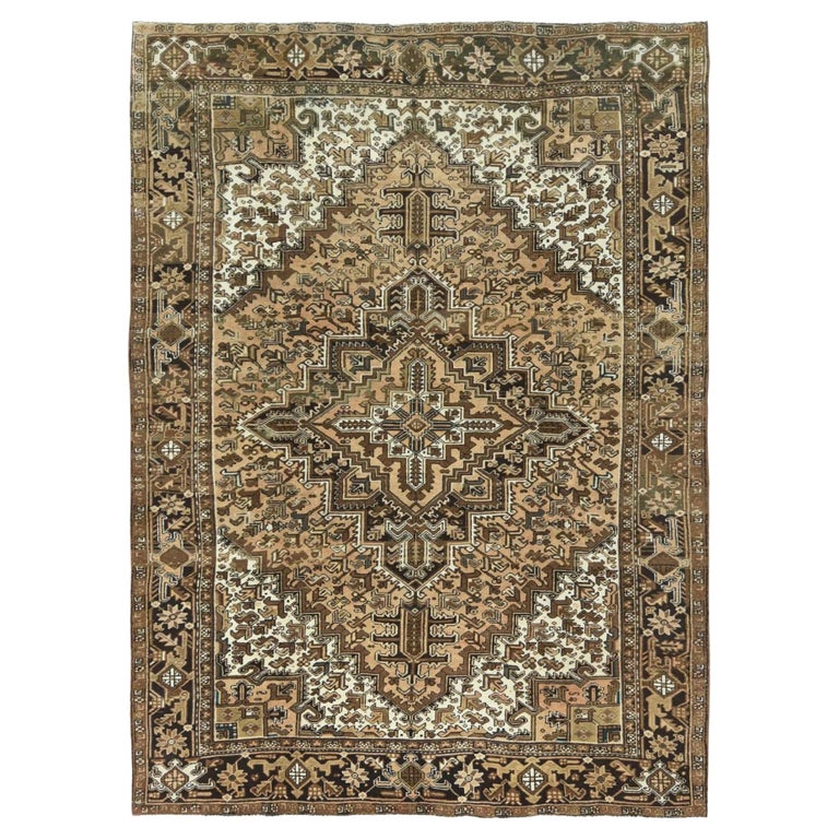 Beige Worn Wool Hand Knotted Vintage Persian Heriz Worn Down Distressed ...