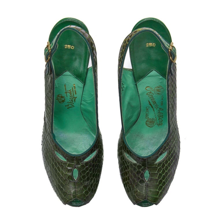 Belegante 1940s Green Snakeskin Heeled Slingback Shoes with Peep Toe US ...