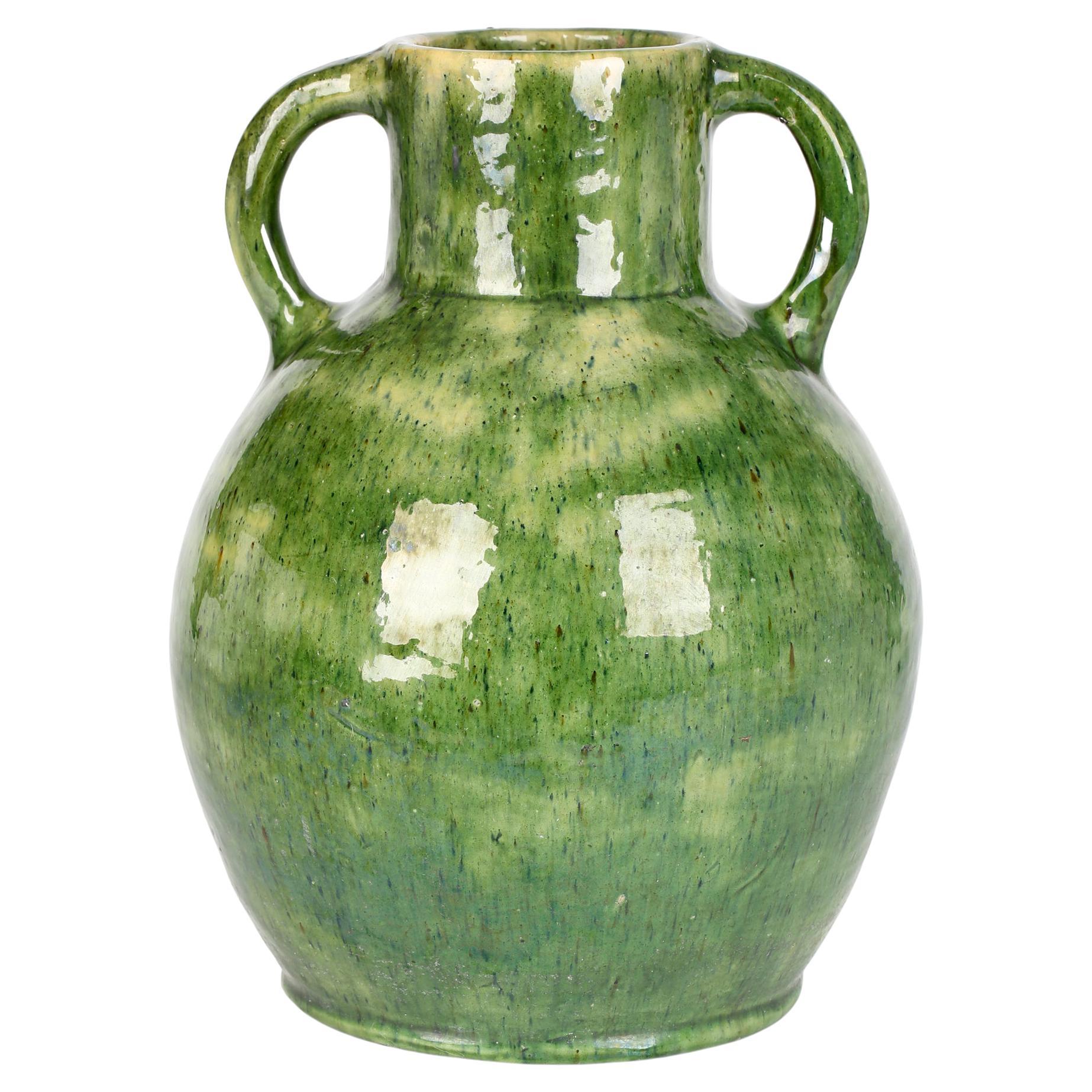 Belgian Art Nouveau Large Twin Handled Green Glazed Art Pottery Vase at ...
