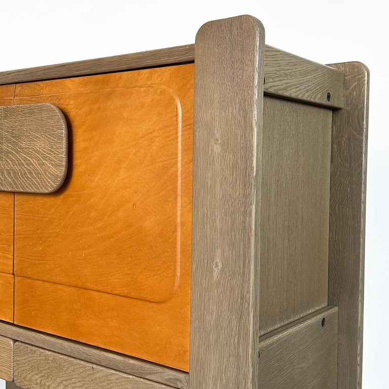 Belgian Brutalist Leather Front 2 Door Cabinet For Sale at 1stDibs