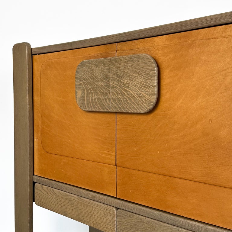 Belgian Brutalist Leather Front 2 Door Cabinet For Sale at 1stDibs