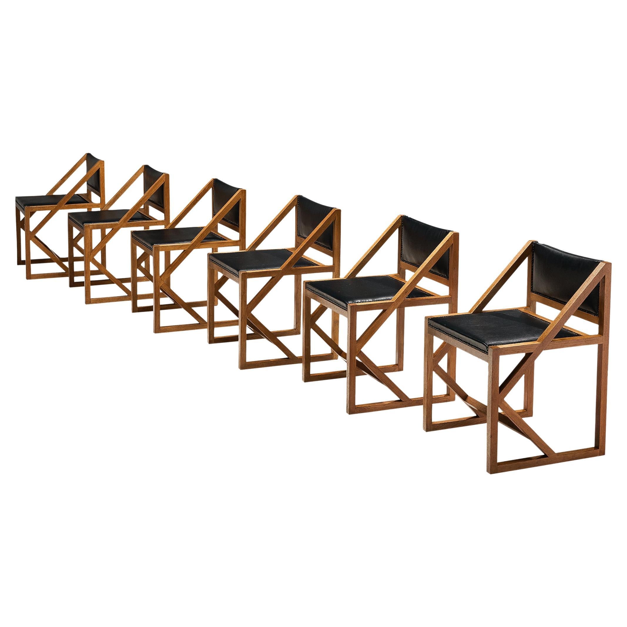 Belgian Set of Six Dining Chairs in Oak and Leatherette For Sale at 1stDibs