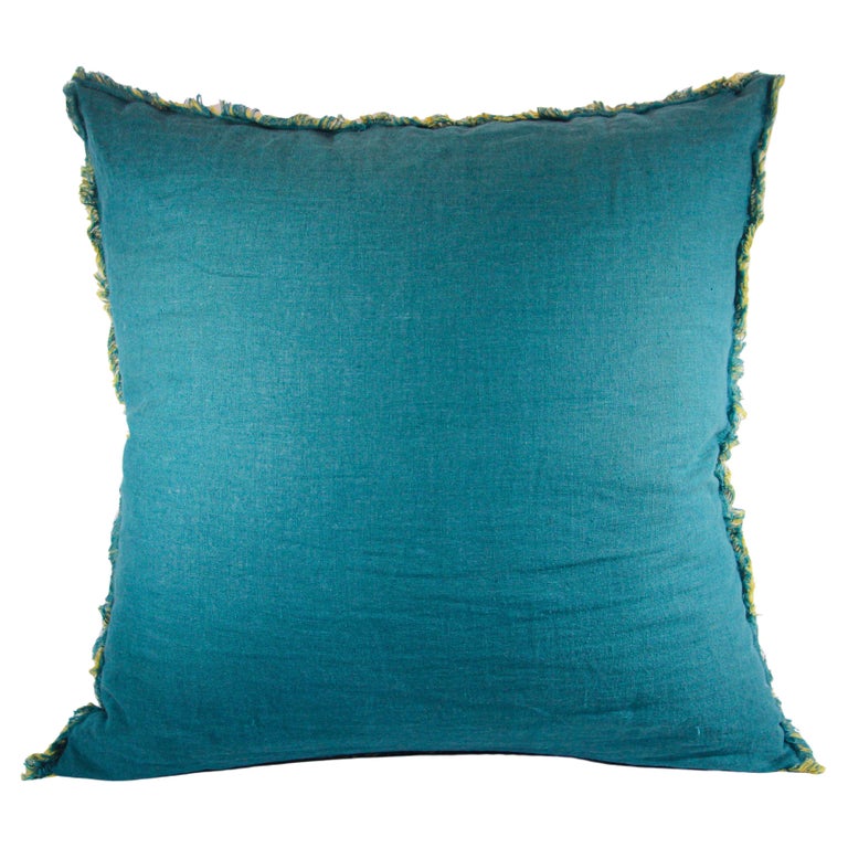Belgium Linen Covered Blue and Yellow Throw Pillow For Sale at 1stDibs